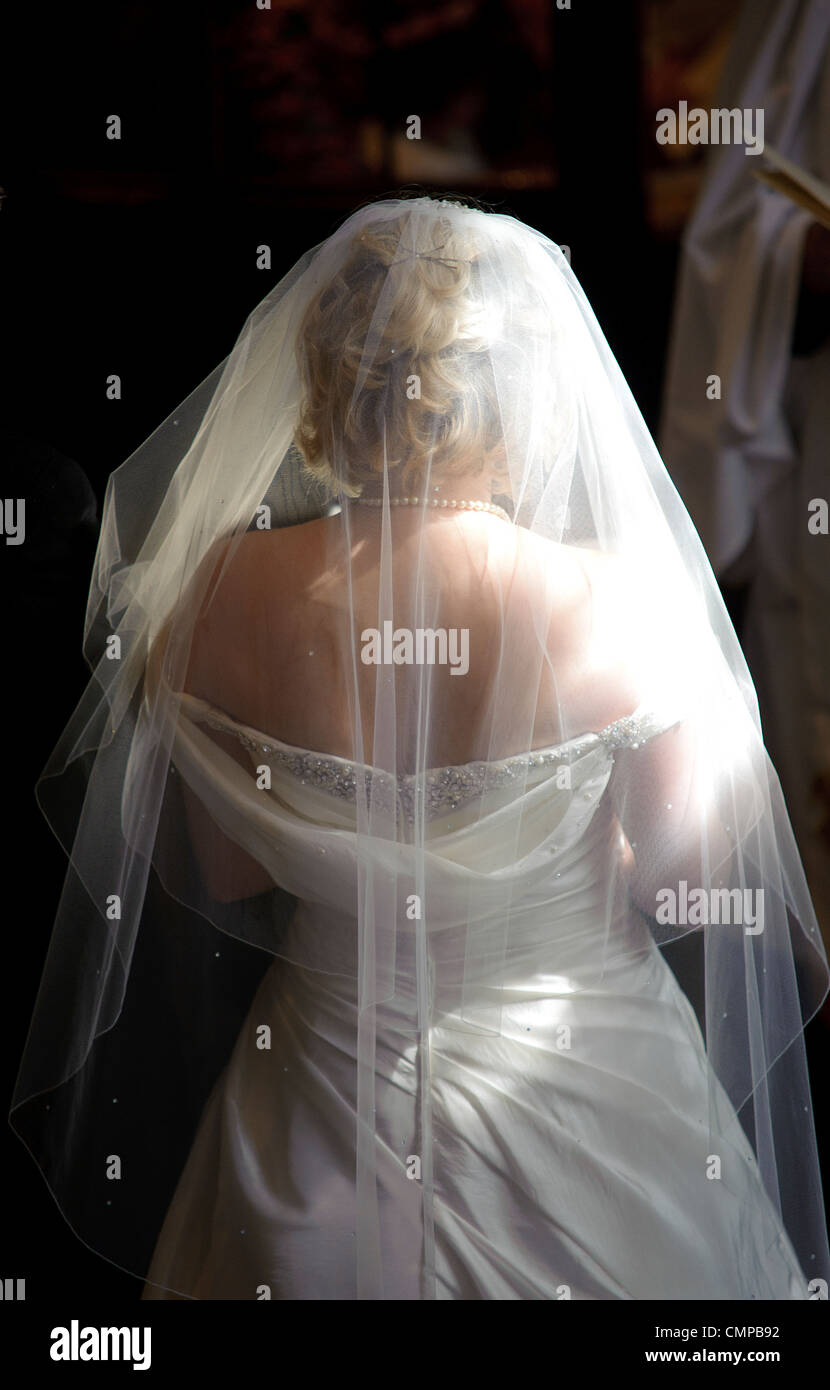 back of wedding dress corset with veil bridal day at alter Stock Photo ...