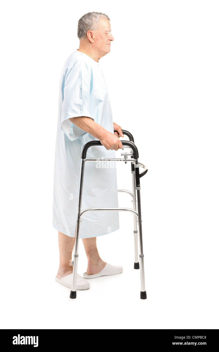 Full length portrait of a senior patient using a walker isolated ...