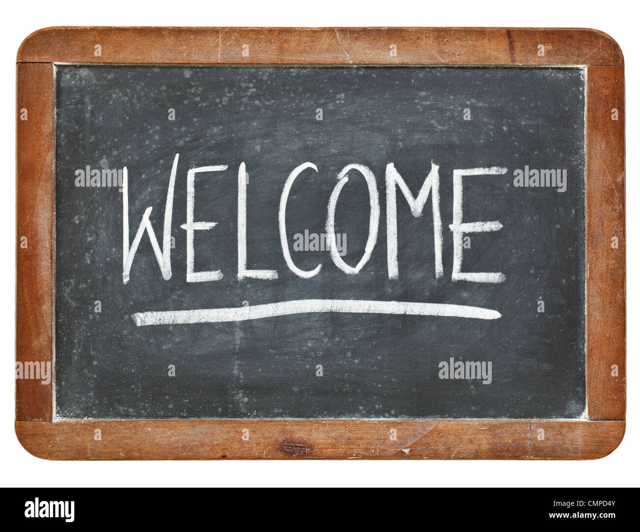 welcome - white chalk handwriting on isolated vintage slate blackboard ...