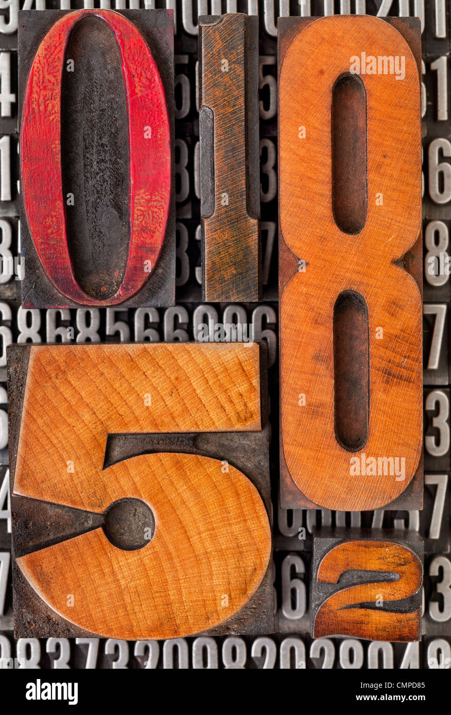 number abstract - vintage letterpress wood type stained by color ink ...