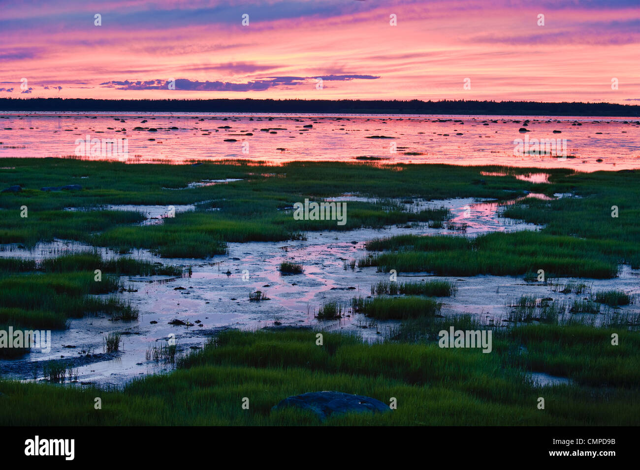St. Lawrence River at low tide and Saint-Barnabe Island at dusk, Bas ...