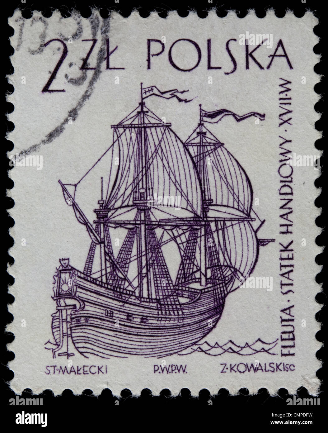 POLAND, circa 1960 - fleuta (fluit) commercial Dutch sail ship with ...