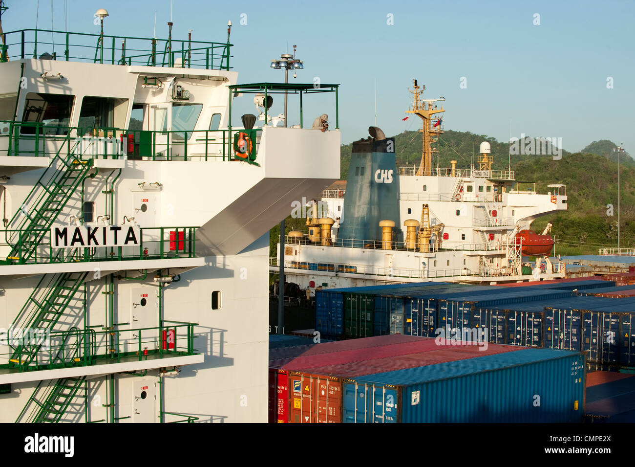 Superstructure of cargo ship at Miraflores Locks,Panama Canal Stock ...