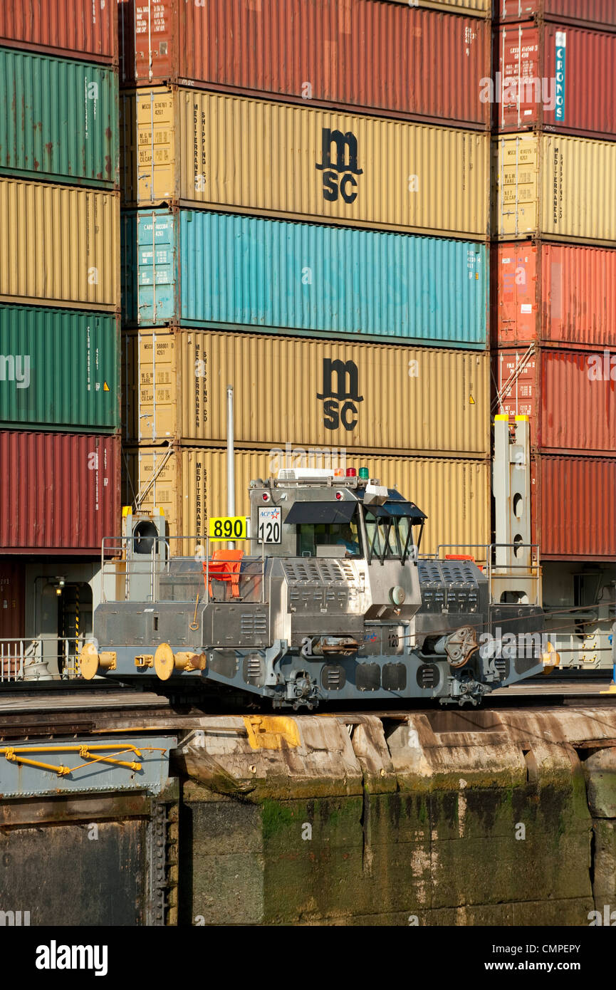 Locomotive and cargo containers at Miraflores Locks. Panama Canal Stock ...