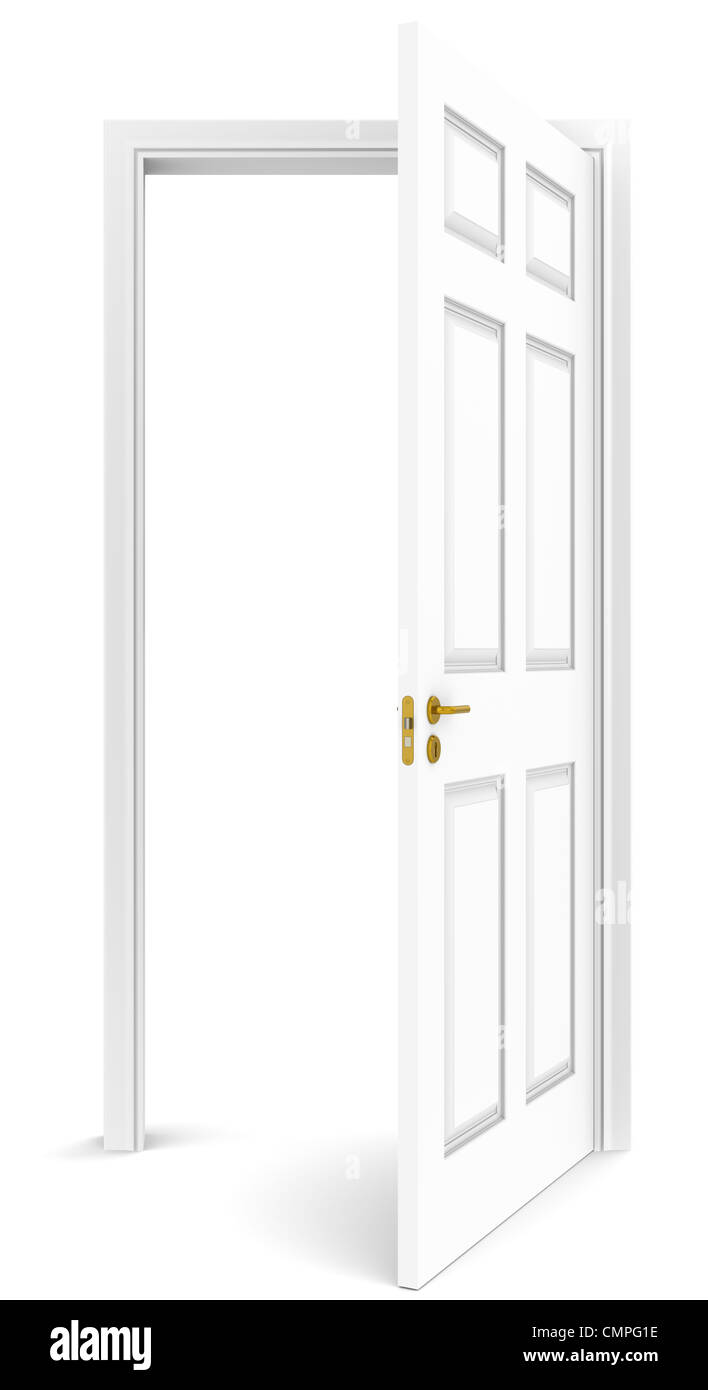 Open white door. White background. Copy space Stock Photo - Alamy