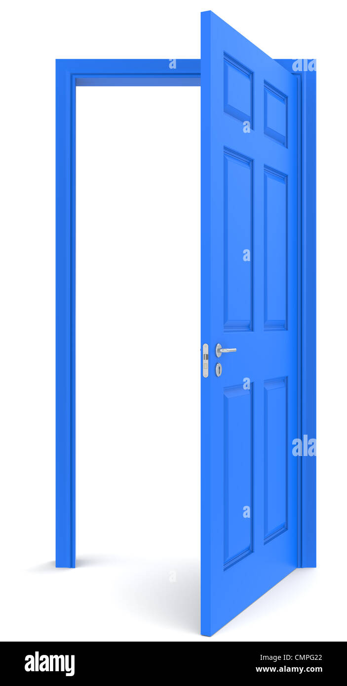 Open Blue door. White background. Copy space Stock Photo - Alamy
