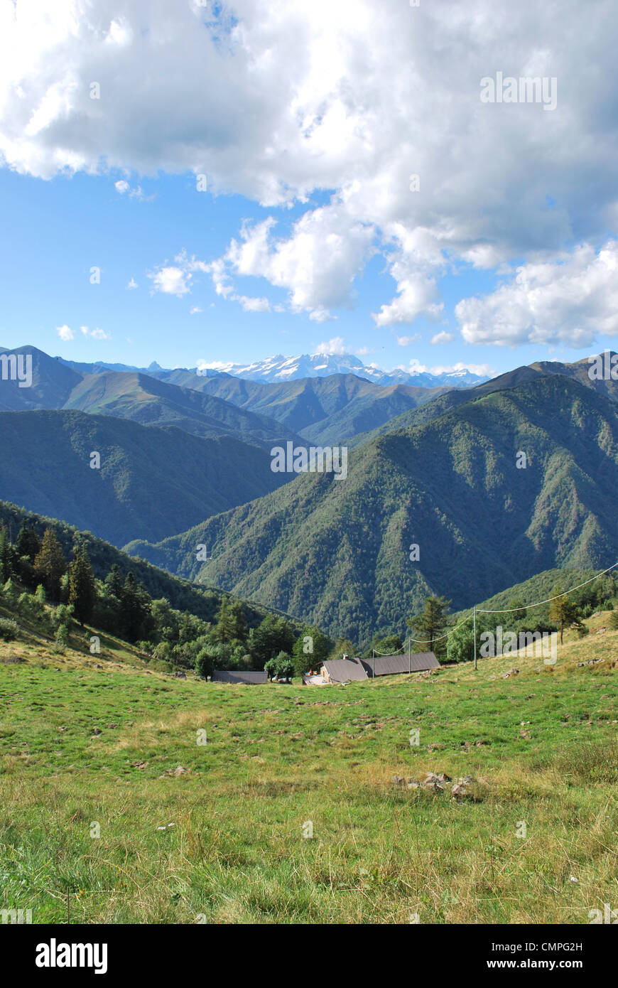 Panoramic view of Alps mountains in summer, Rosa mount in background ...