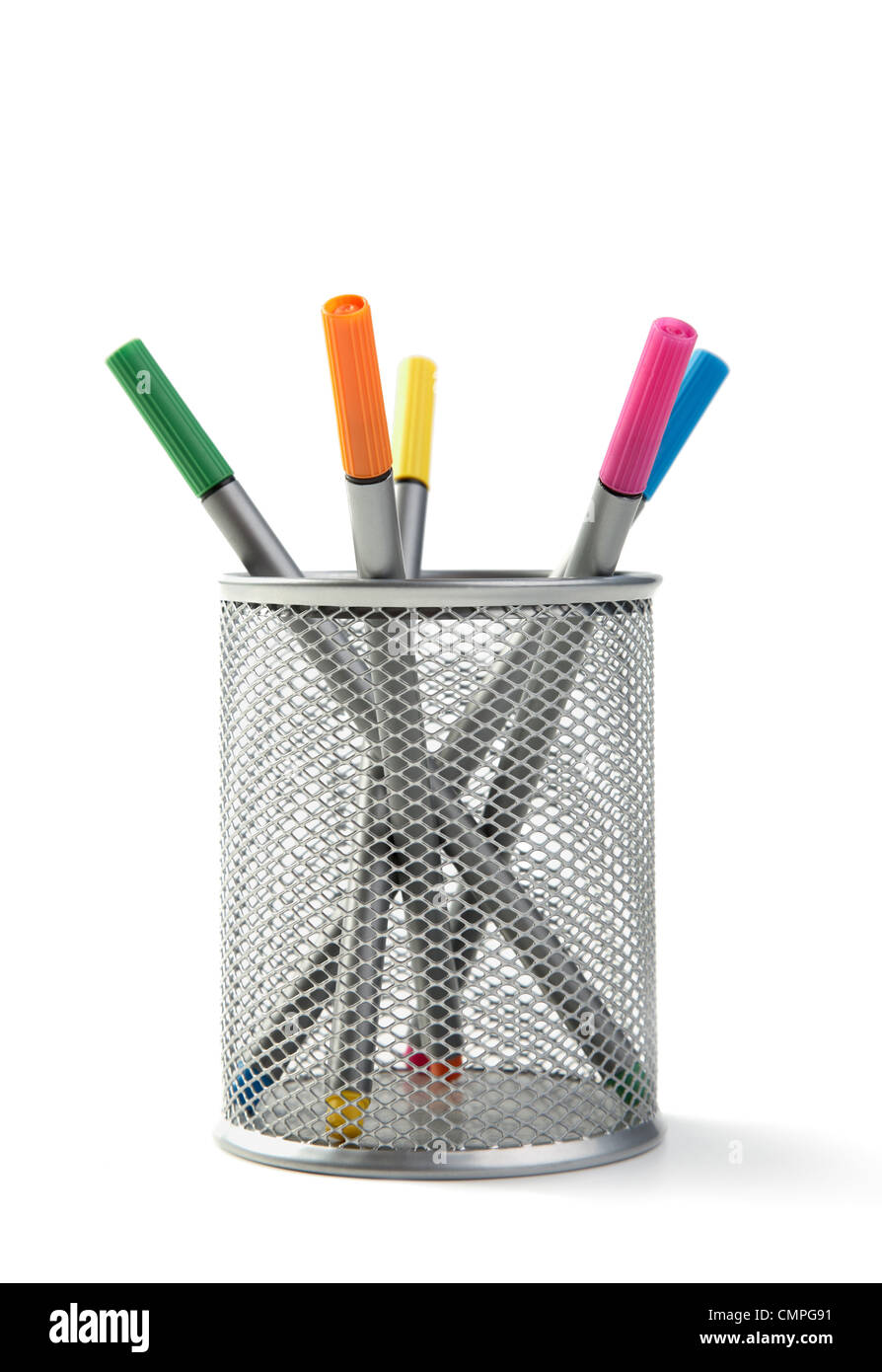 Felt-tip pens in a support of silver colour on white background Stock ...