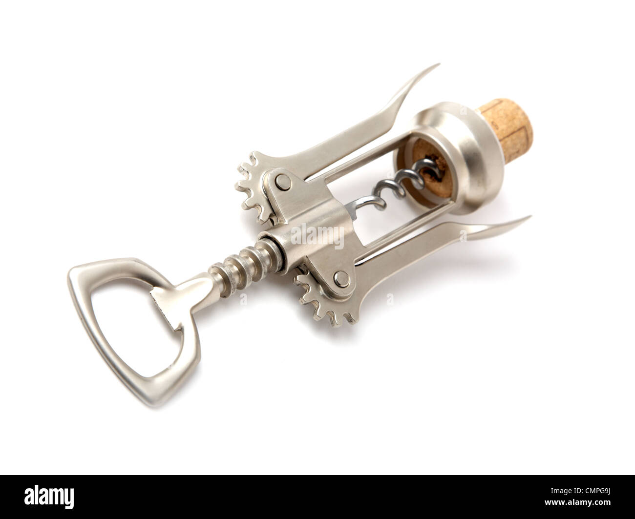 Metal corkscrew with a cork on white background Stock Photo - Alamy