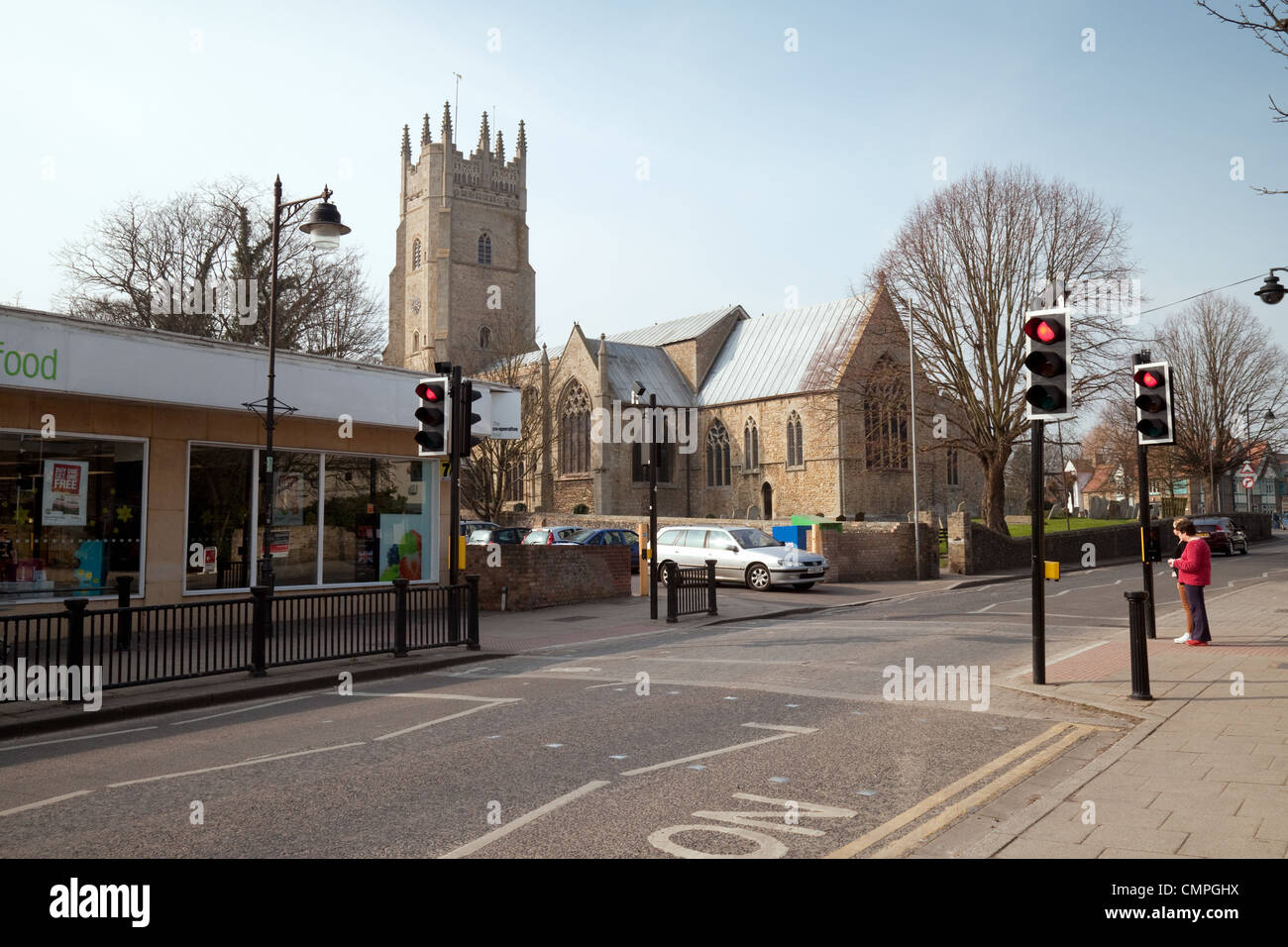 Shops and St Andrews church, Soham town village centre, Cambridgeshire ...