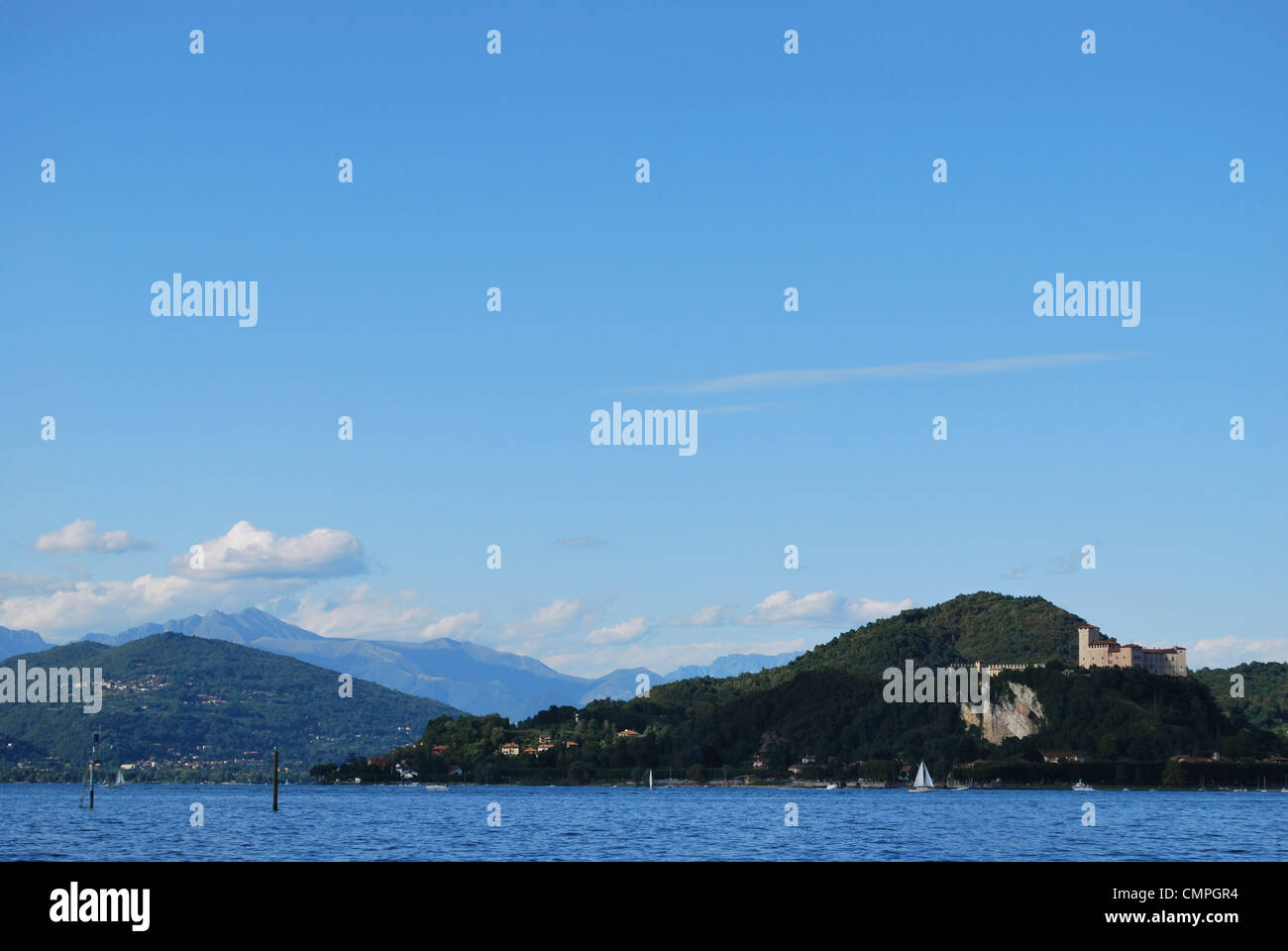 Panoramic view of Maggiore lake from Arona town, Angera castle in ...