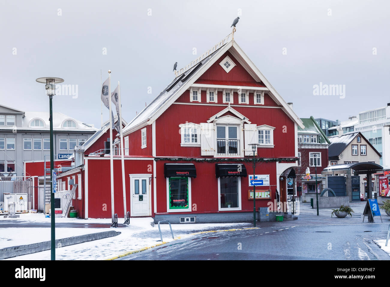 Traditional red shop building in the town center of Reykjavik, Iceland ...