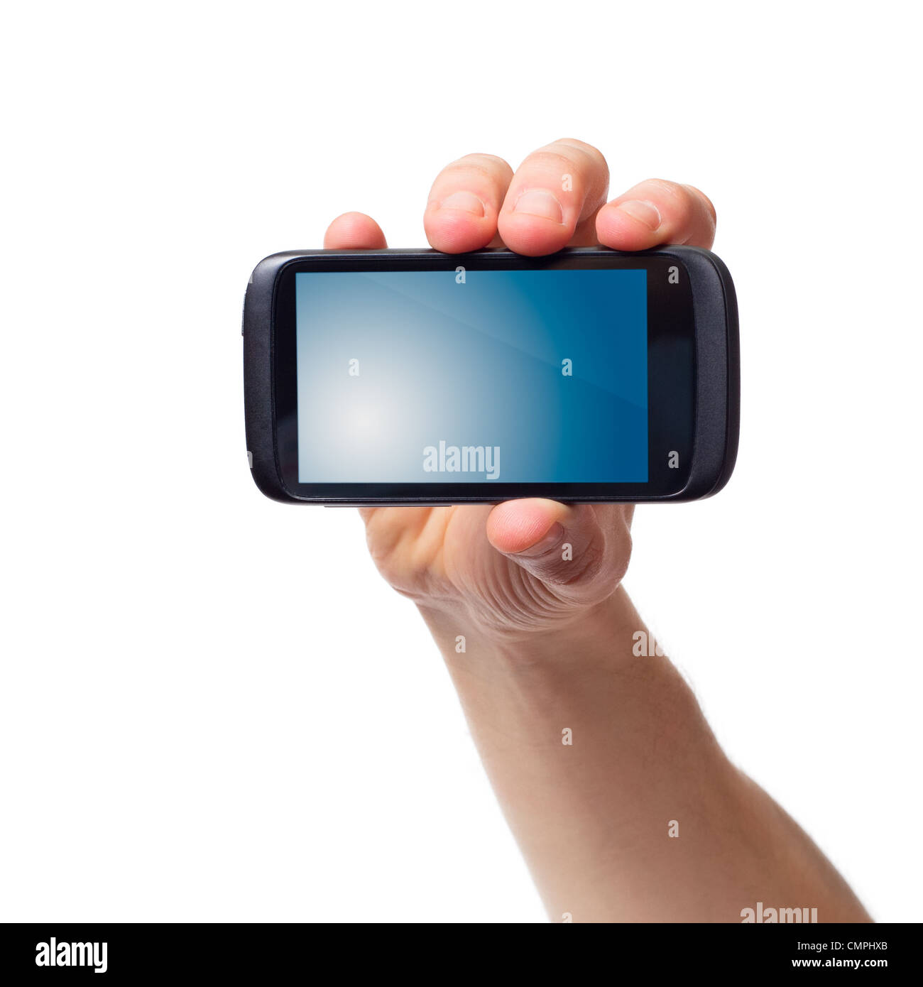 Cell phone (smartphone with touchscreen) in male hand on white Stock ...