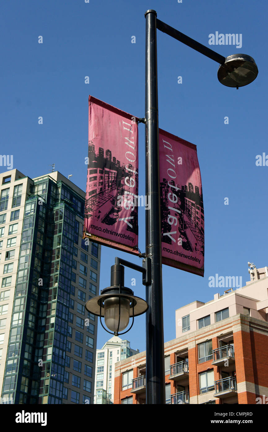 Banners on a lamp post in Yaletown, Vancouver, British Columbia, Canada ...
