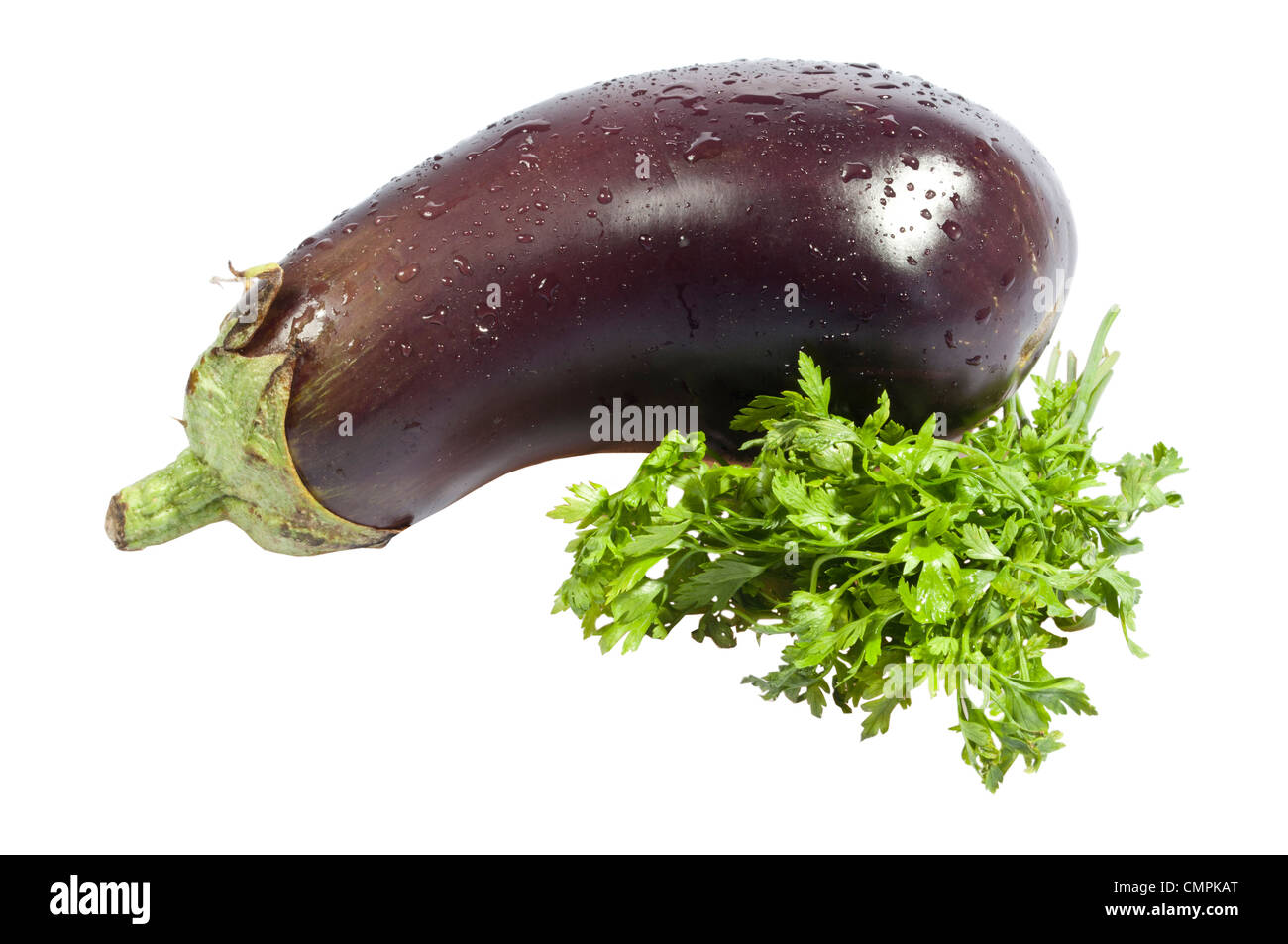Aubergine vegetable decorated with parsley isolated on white Stock ...