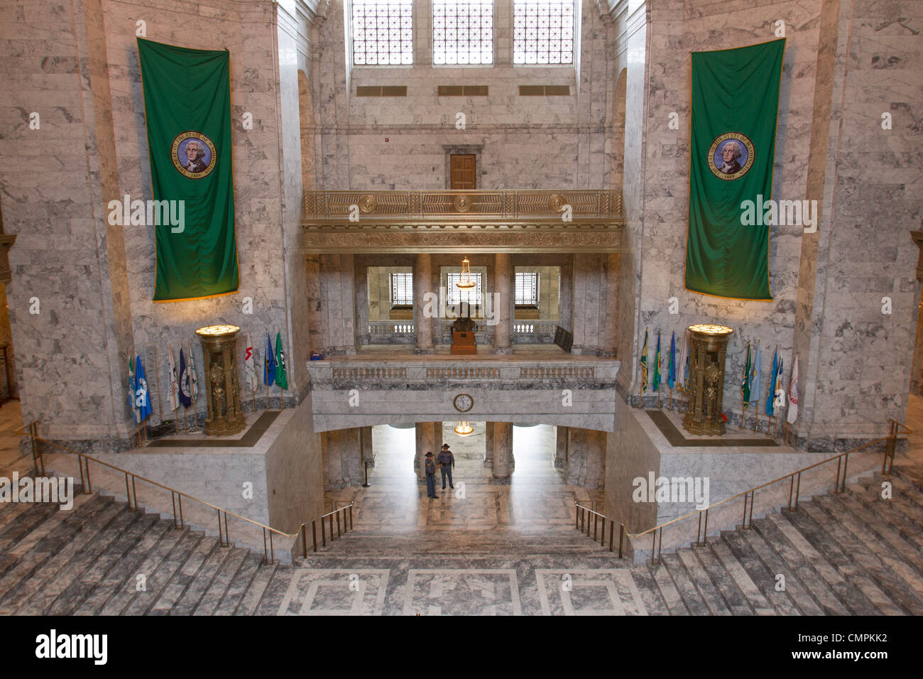 Marble lobby with banners of the Washington state capitol building in ...