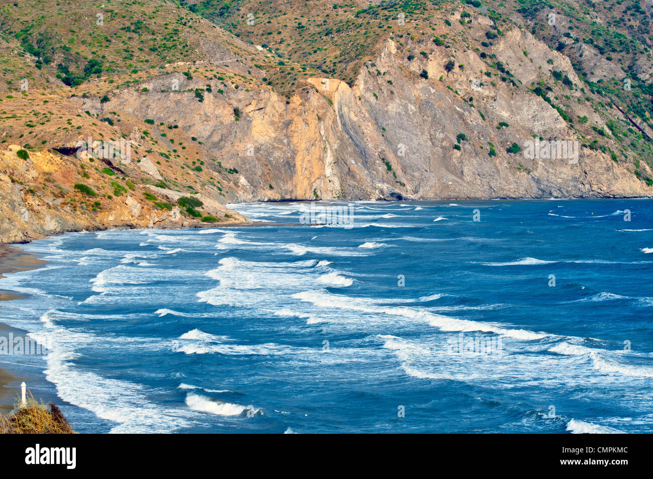 View on beach with big waves Stock Photo - Alamy