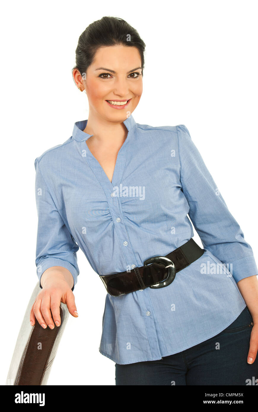 Business woman resting hand on chair isolated on white background Stock ...