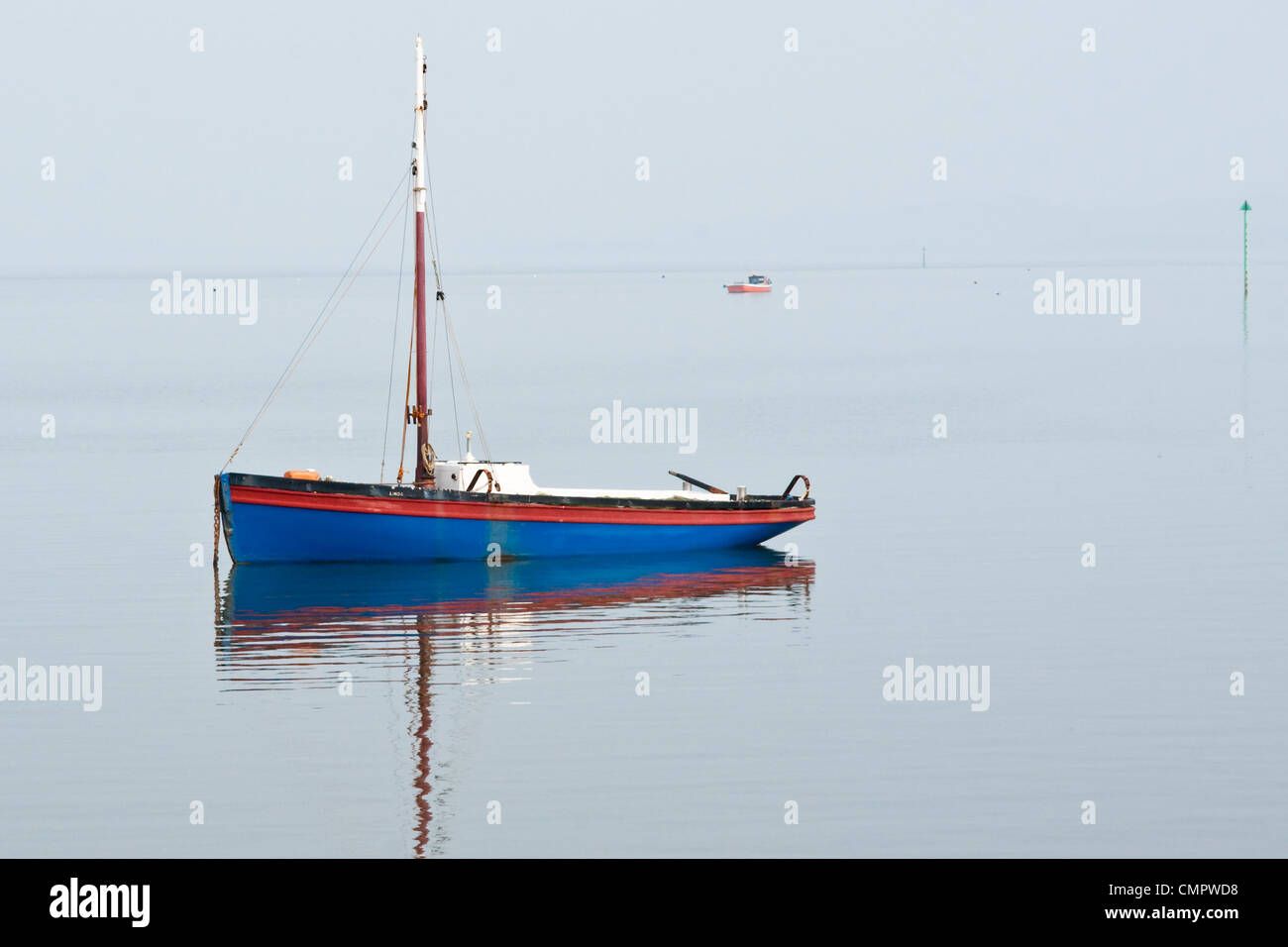 Lancashire Nobby traditional prawn fishing boat moored on a calm day at ...