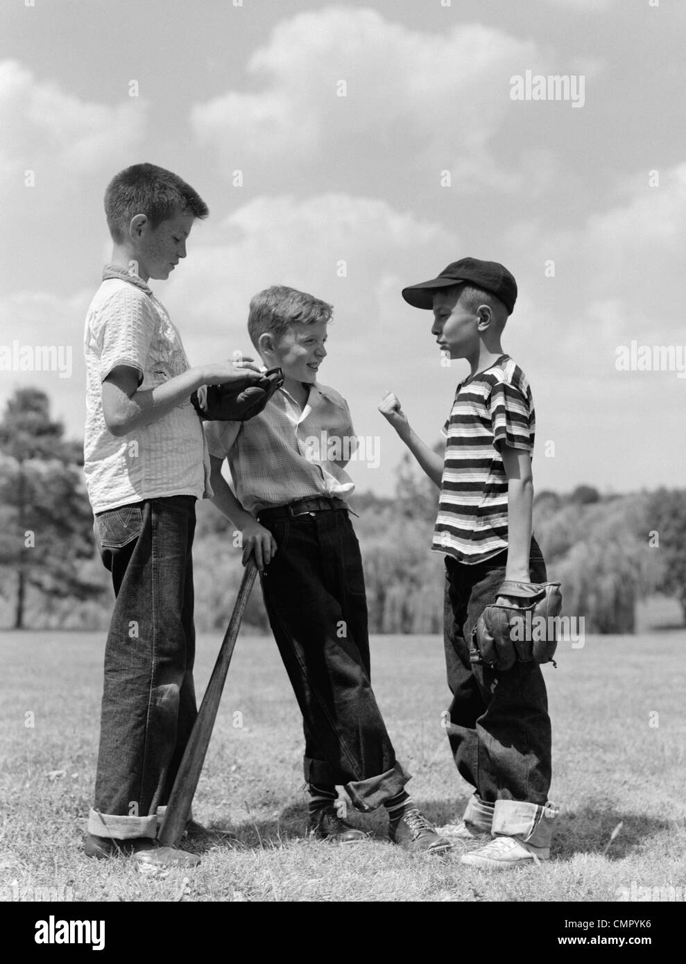 1950s BOYS BASEBALL THREESOME ONE HOLDING BAT OTHERS WEARING MITTS ...