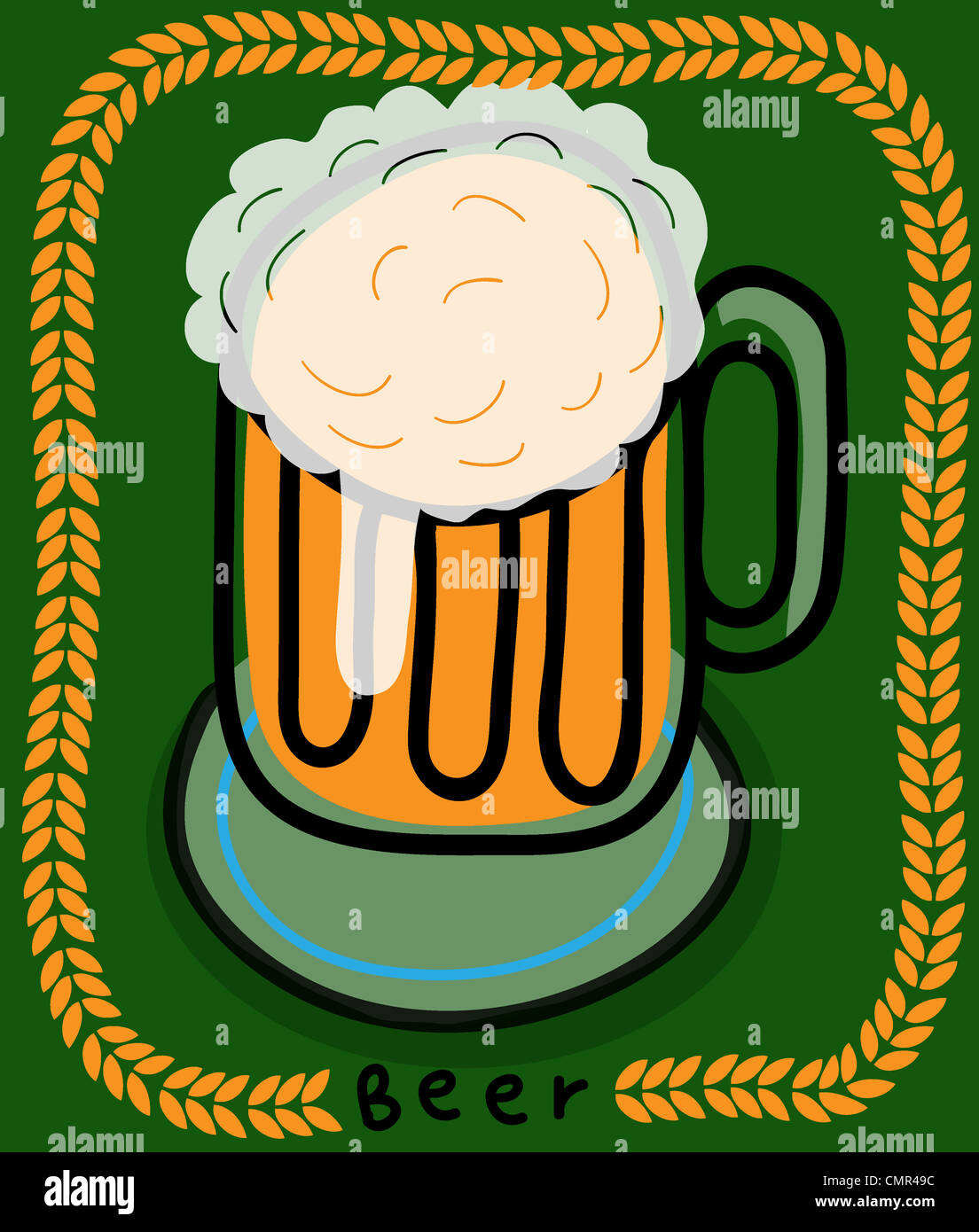 jar with beer and cereal frame with green background Stock Photo - Alamy