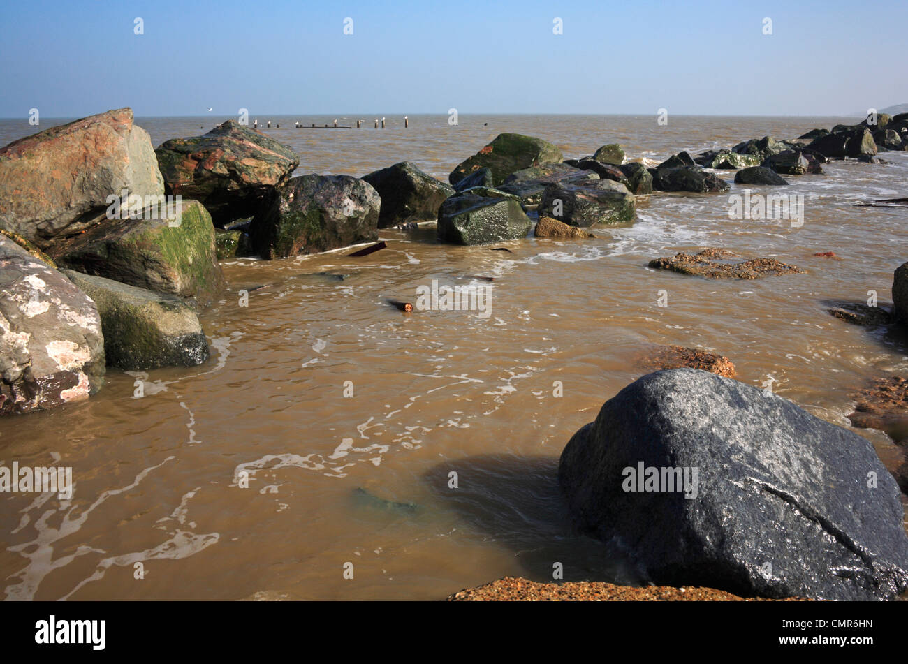 A view of imported rocks used to construct coastal sea defences at ...