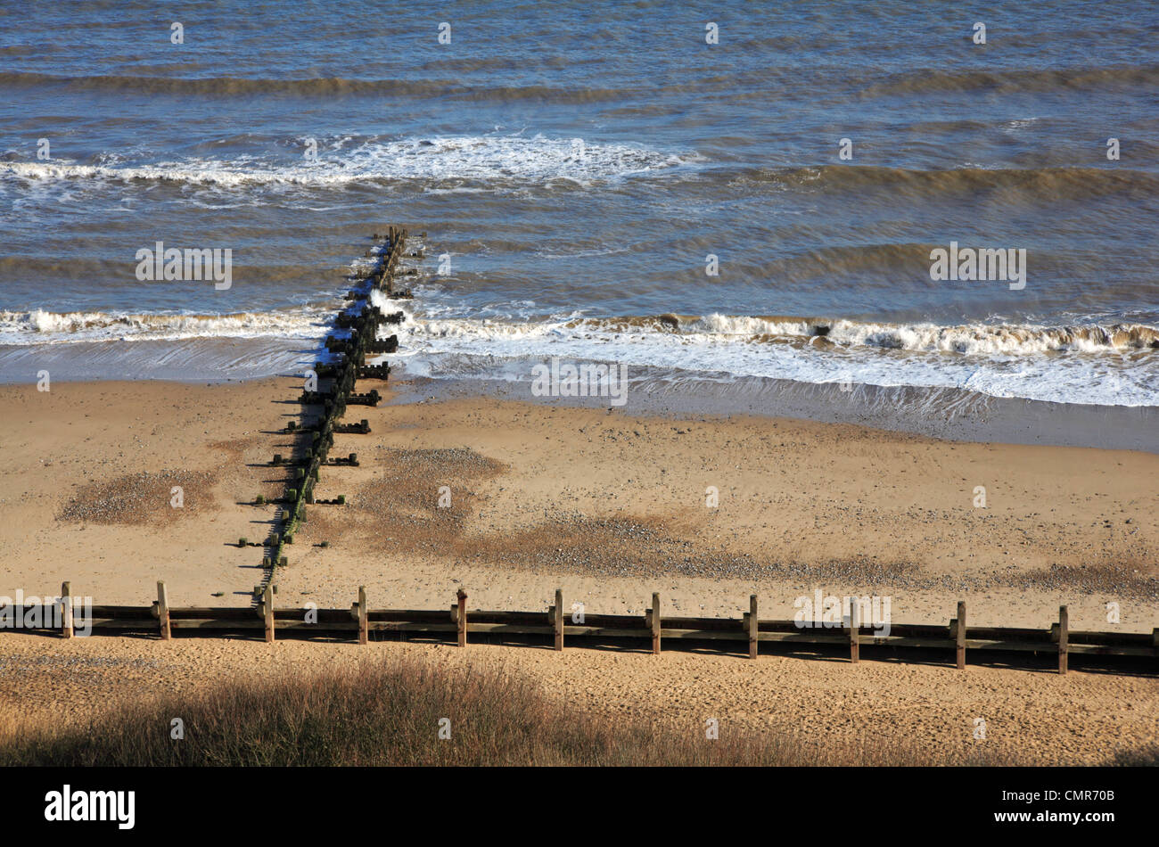 A view of the beach from the cliffs at Overstrand, Norfolk, England ...