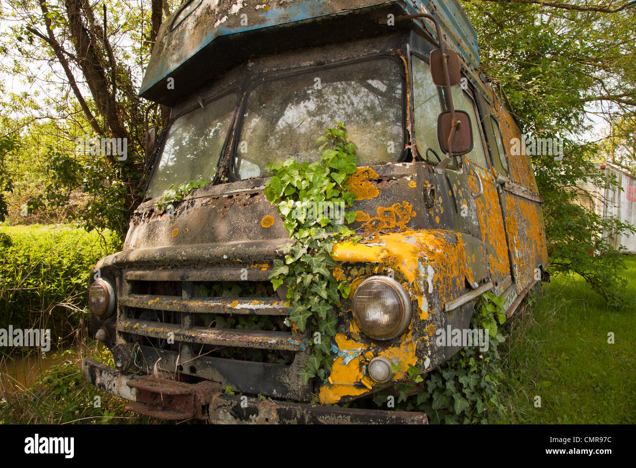 old derelict commer caravanette / motorhome covered in lichen and ivy ...