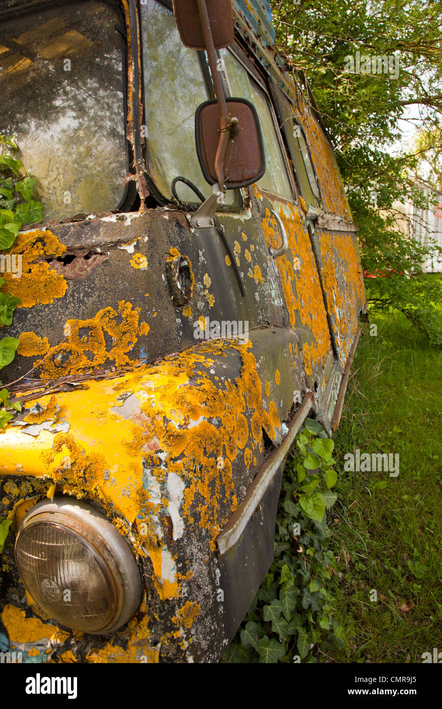 old derelict commer caravanette / motorhome covered in lichen and ivy ...