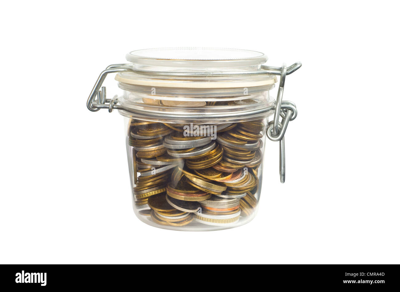 Coins in a jar isolated on white background Stock Photo - Alamy