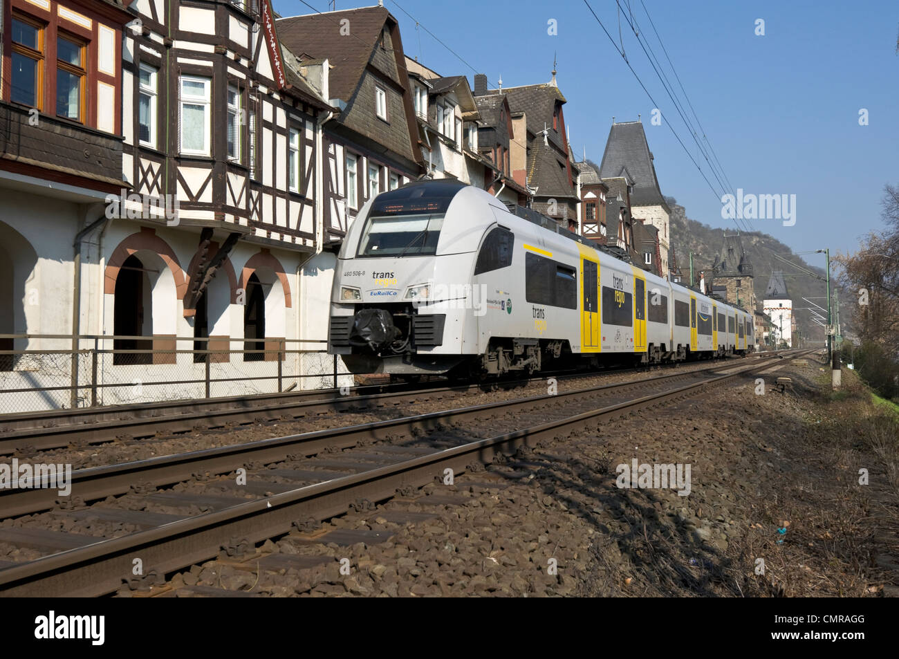 German Inter-regio train passing through Bacharach in the "Unesco ...