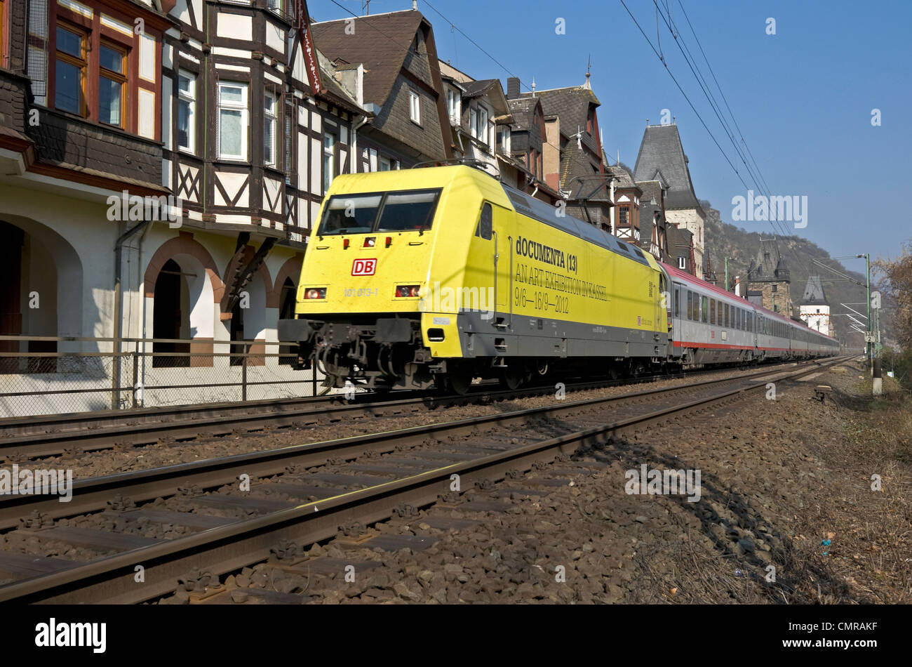 German Eurocity train passing through Bacharach in the "Unesco" middle ...