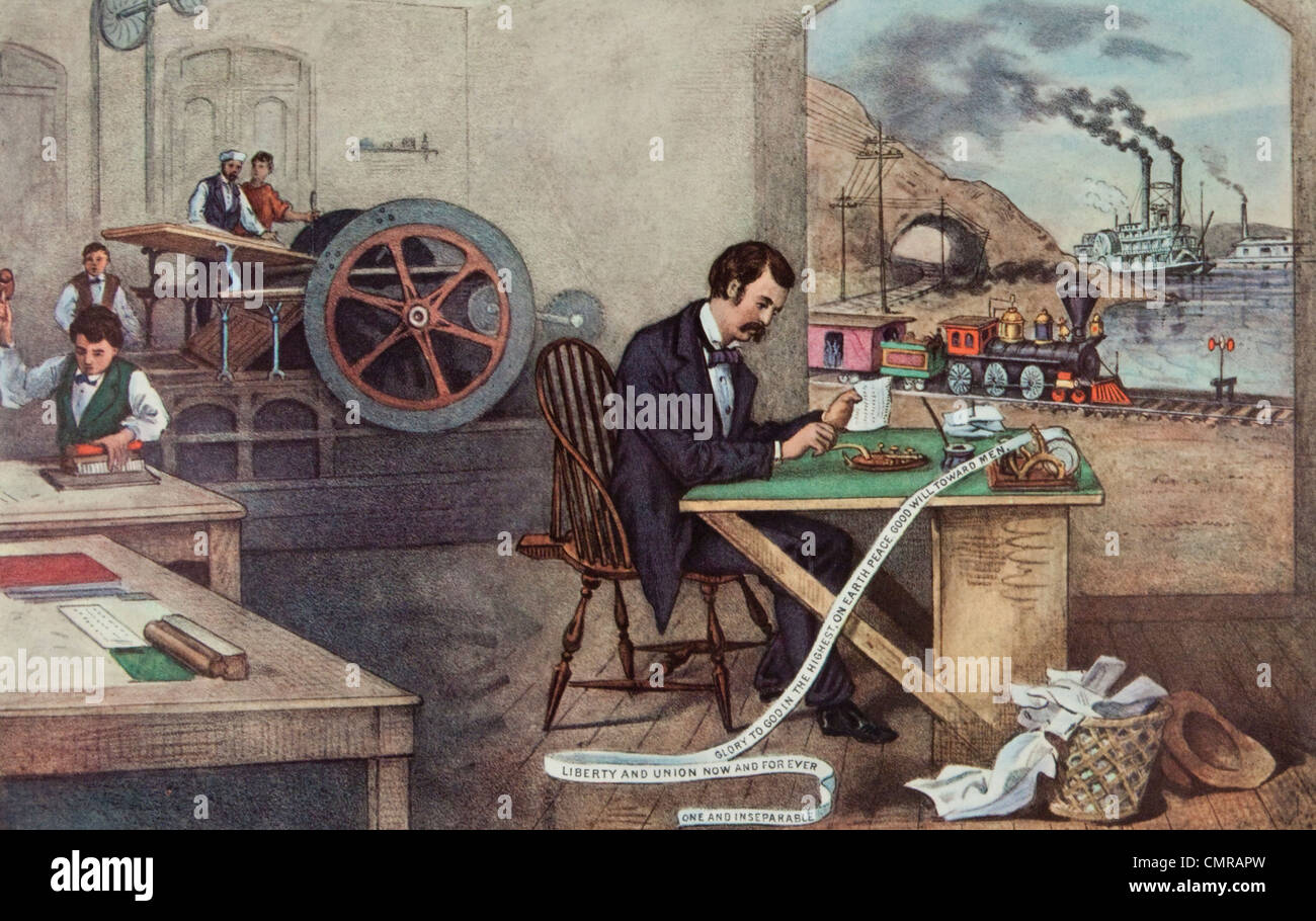 1800s CURRIER IVES PROGRESS OF CENTURY LIGHTNING STEAM PRESS ELECTRIC ...