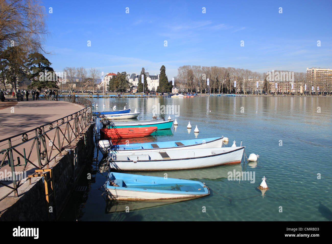 Small wood boats on the Annecy lake, France, by beautiful weather Stock ...