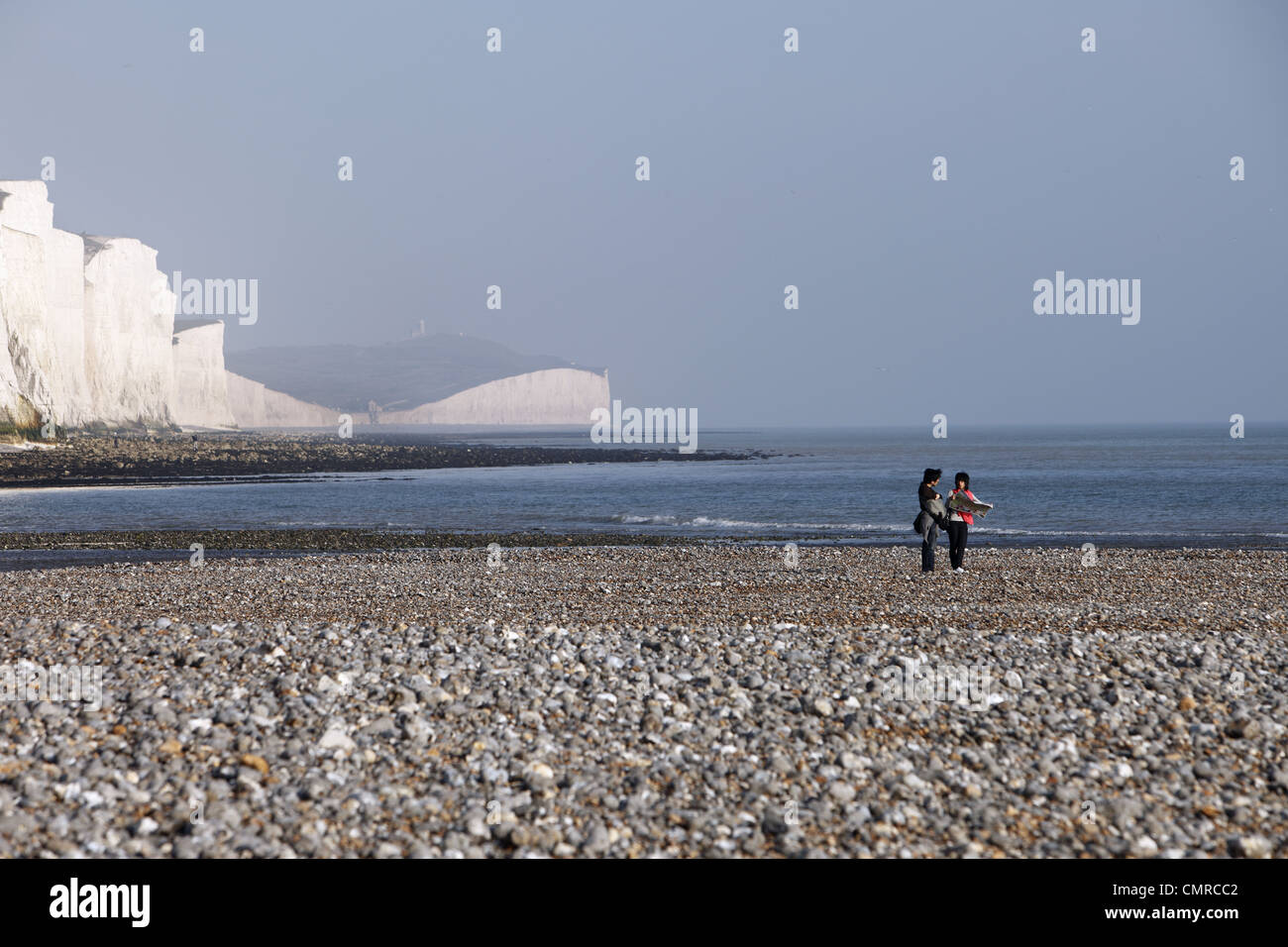 View of The Seven Sisters chalk cliffs from Seaford Head Nature Reserve ...