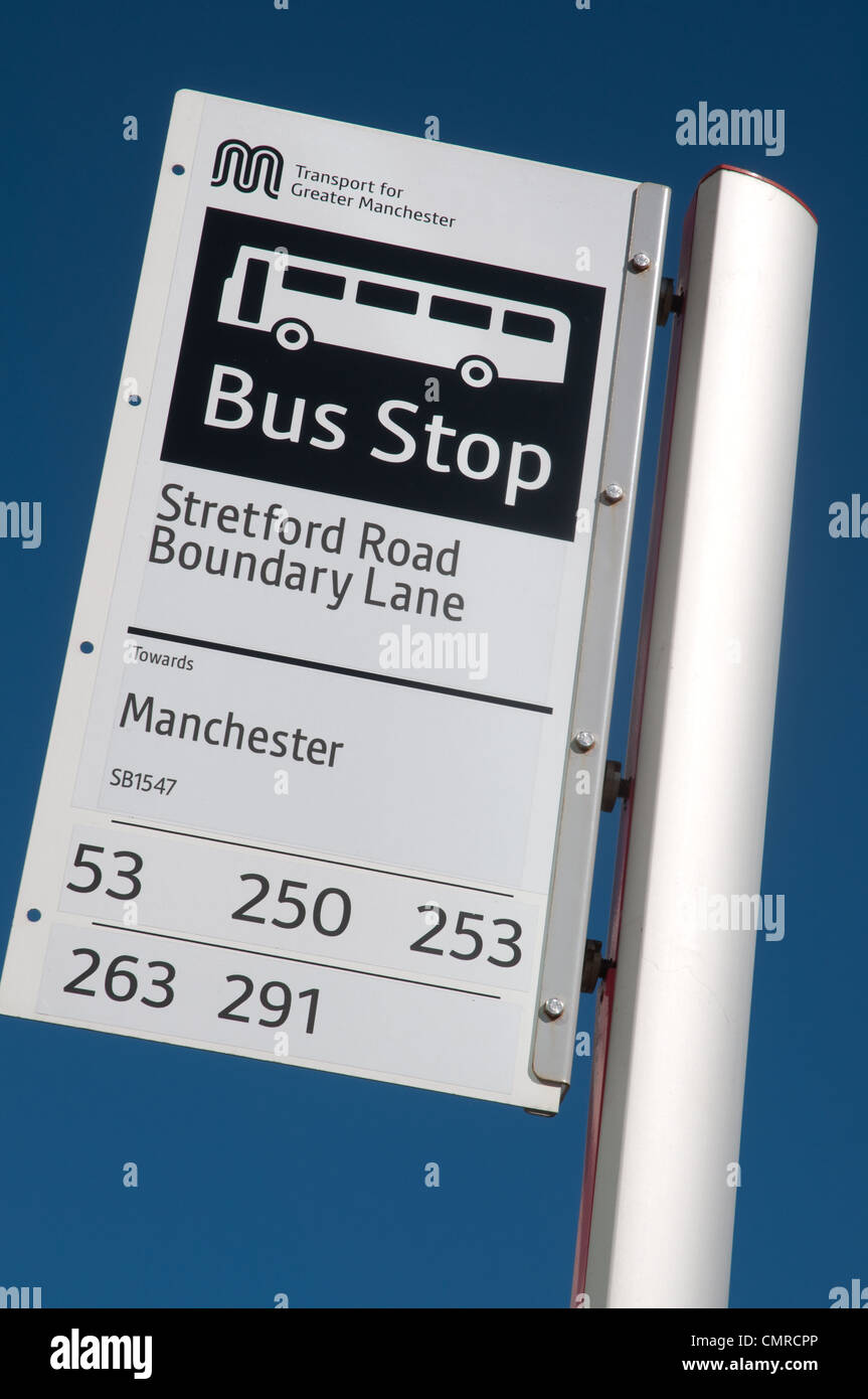 Bus stop sign, new logo for TfGM Transport for Greater Manchester Stock ...