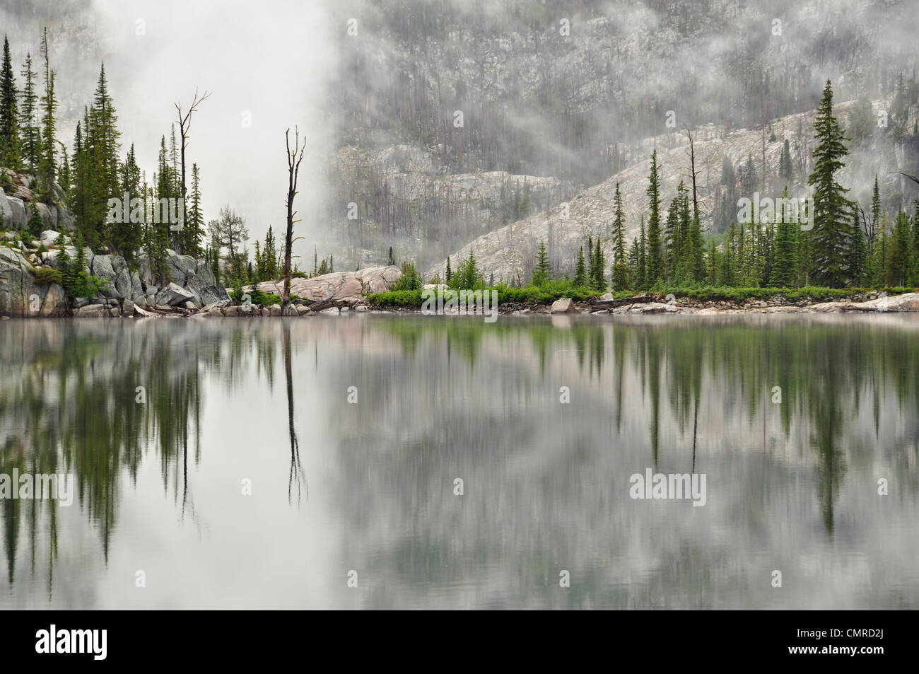 Echo Lake and mist, Wallowa Mountains, Oregon Stock Photo - Alamy