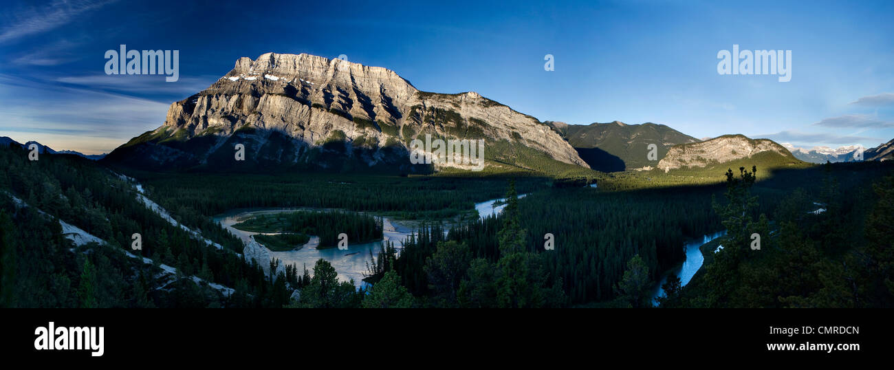 View of Mount Rundle and the Bow River from the hoodoos lookout, Banff ...