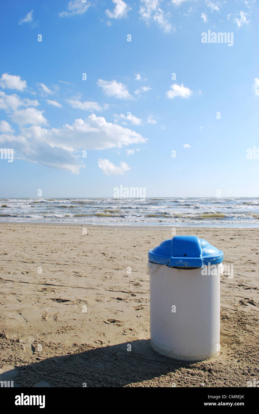 Rubbish bin on the beach in front of the sea, Rimini, Italy Stock Photo ...