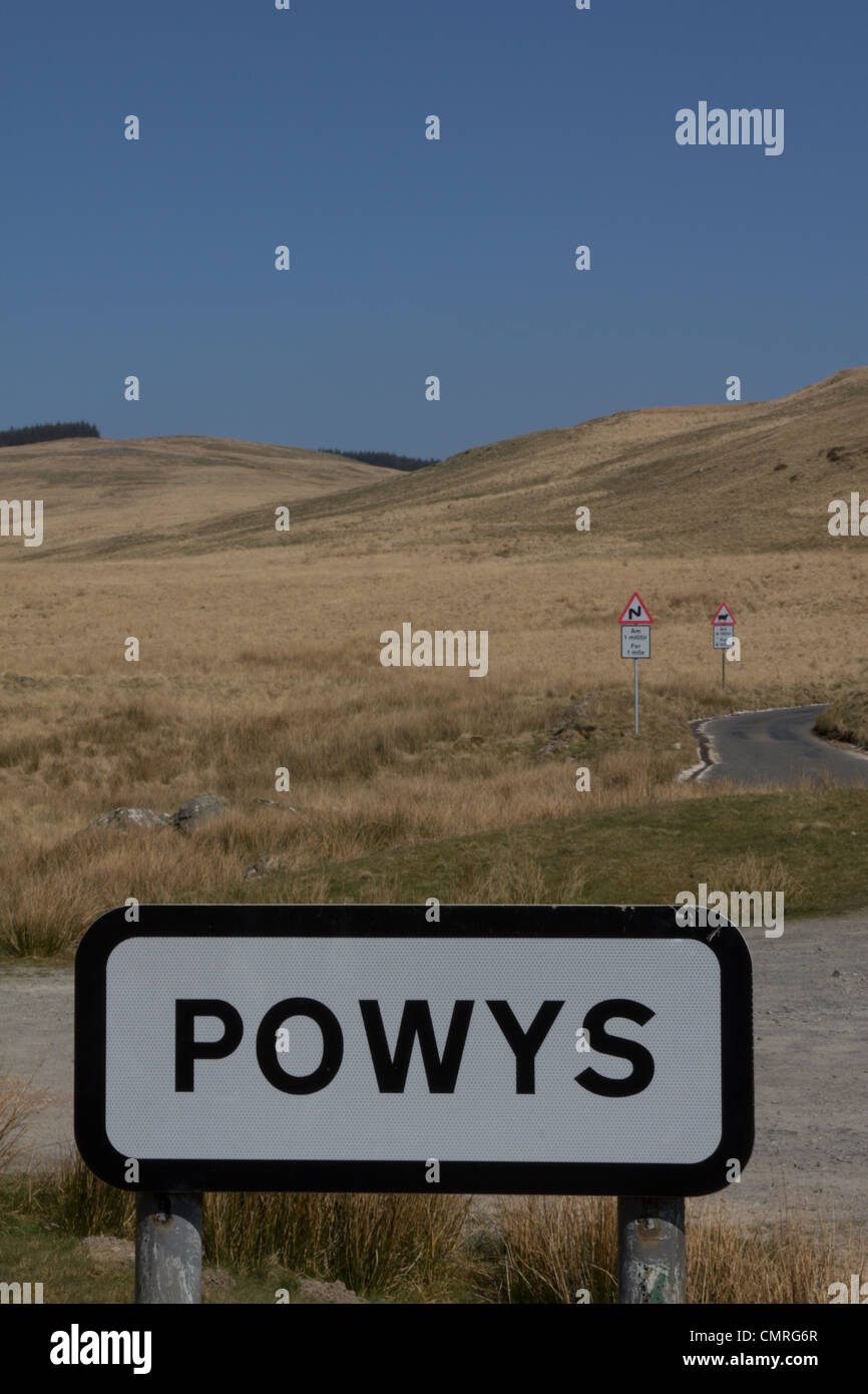 Powys sign set against a deserted mountain background on the Cwm Elan ...