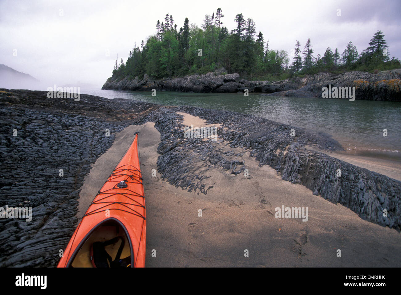 Kayak on Rock and Sand of Lake Superior Shoreline, Wawa, Ontario Stock ...