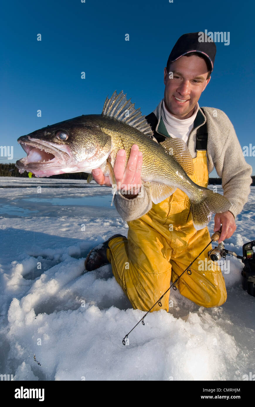 Man Ice Fishing holding a Walleye, Wawa, Ontario Stock Photo - Alamy