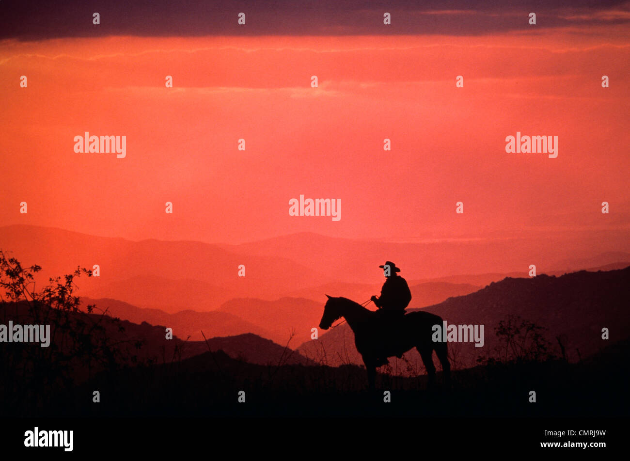 1980s SILHOUETTE OF COWBOY ON HORSE AT DUSK Stock Photo - Alamy