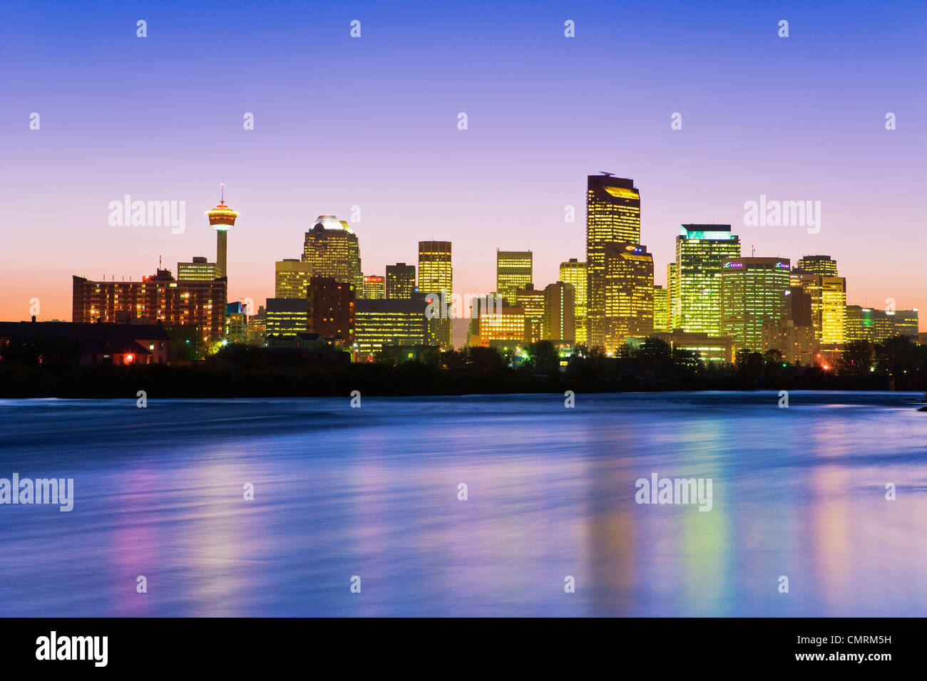 Skyline and Bow River at dusk, Calgary, Alberta Stock Photo - Alamy