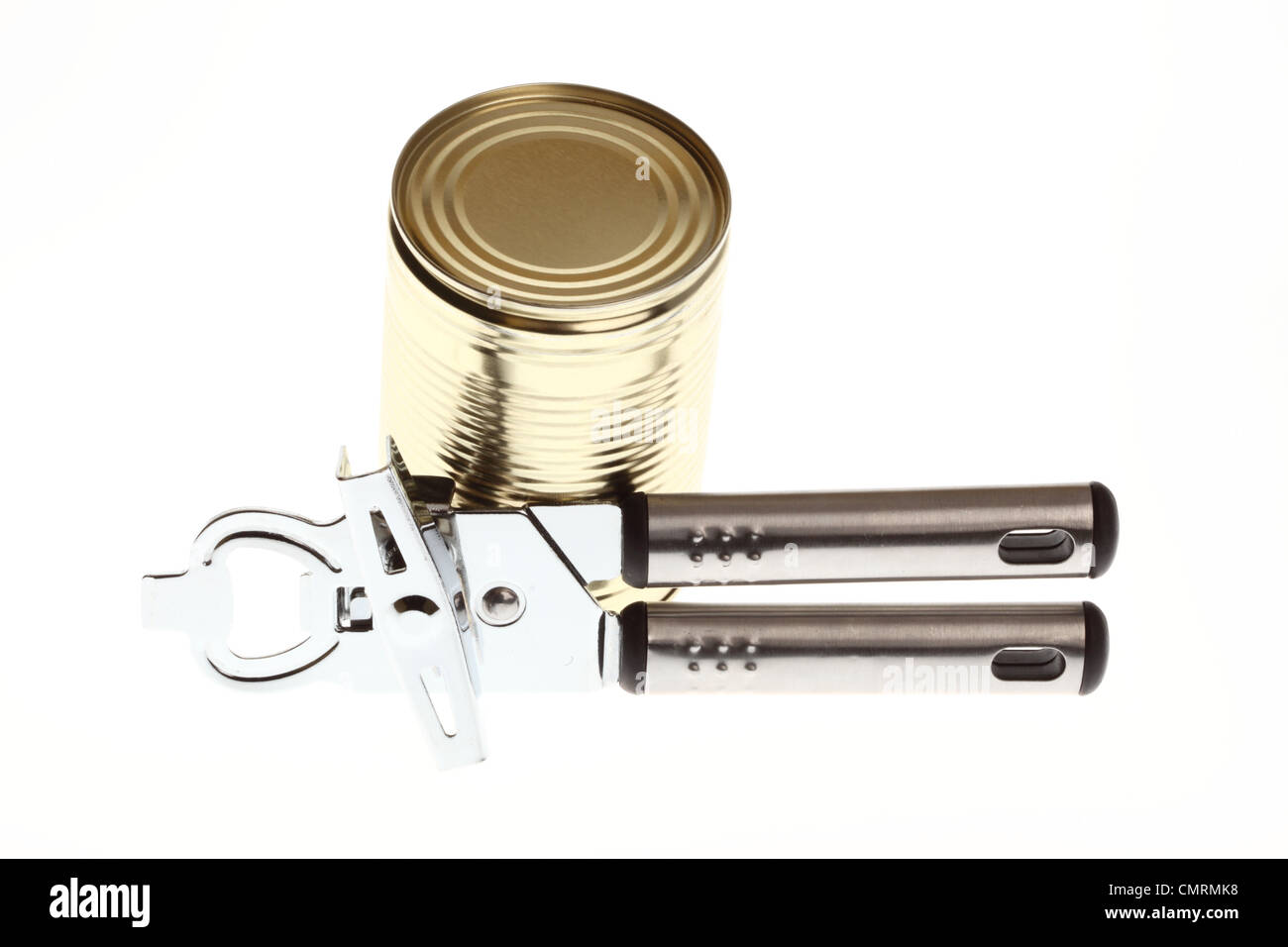 Tin opener opening a can of food isolated on white Stock Photo - Alamy