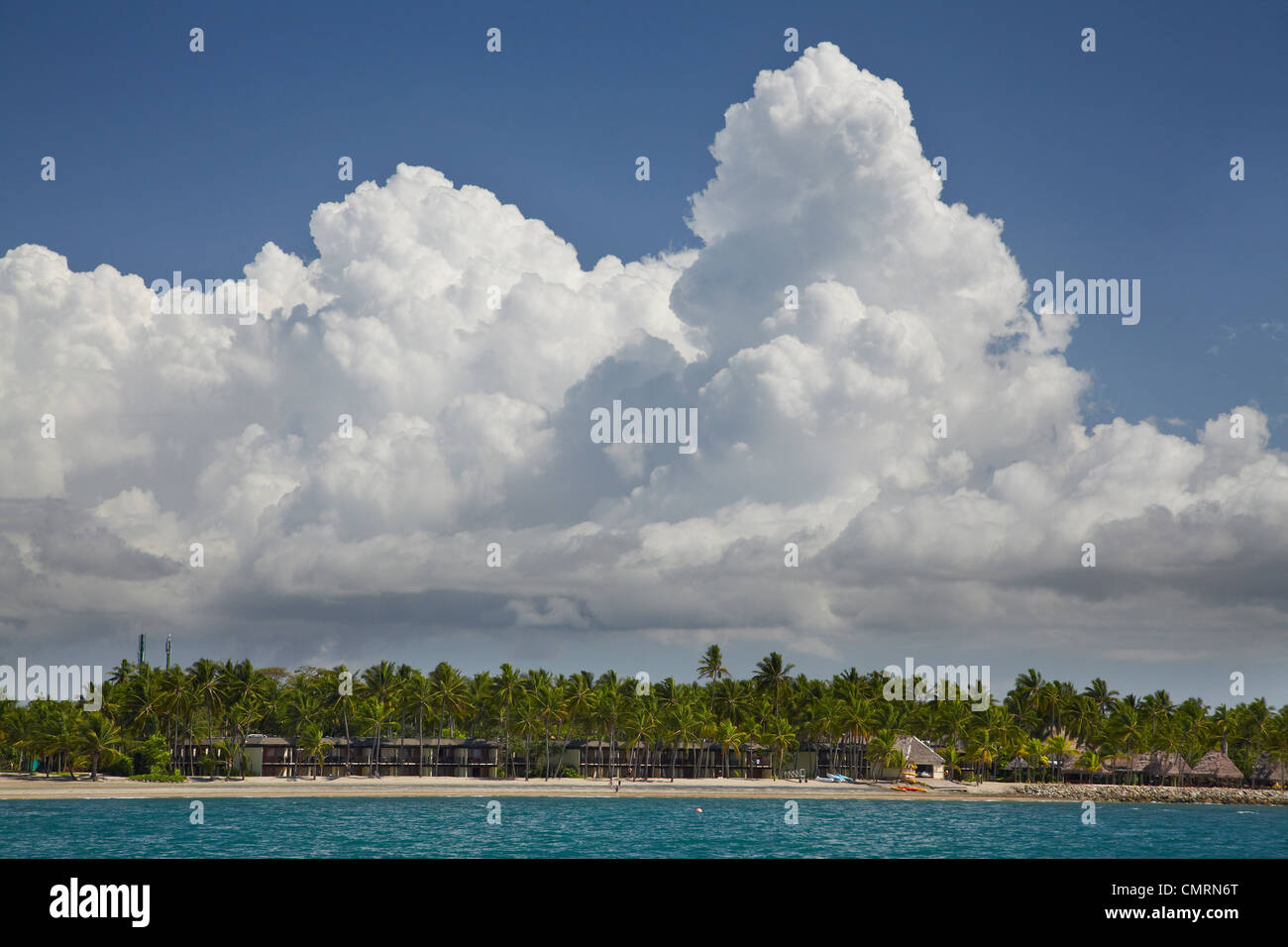 Rain clouds forming over Denarau Island resorts, near Nadi, Viti Levu ...