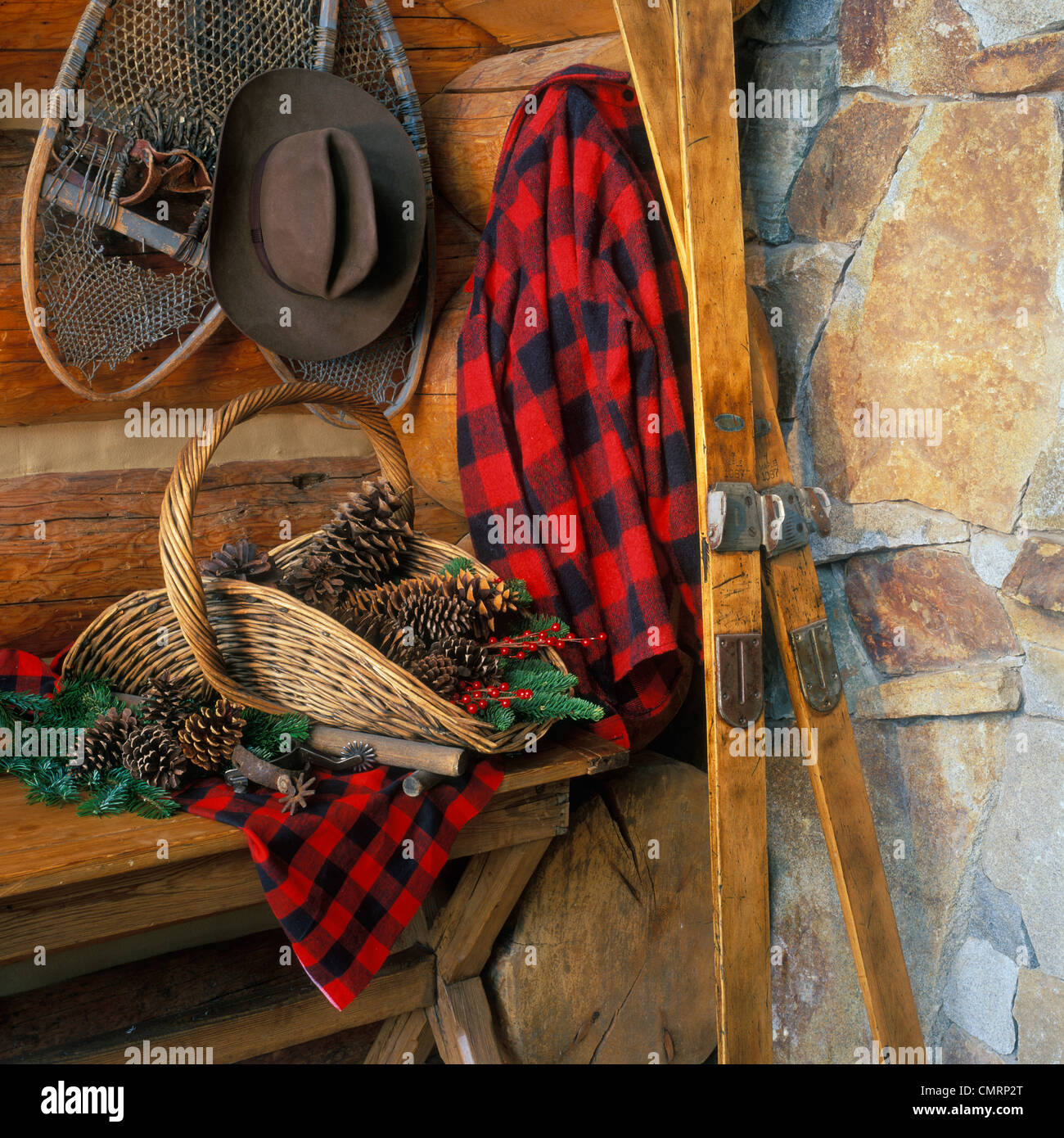 BASKET OF PINE CONES NEXT TO RED CHECKERED SHIRT SNOWSHOES AND BROWN ...