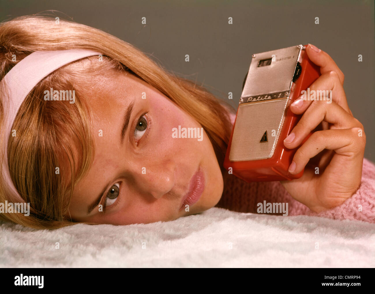 1960 1960s TEEN TEENAGE GIRL HOLDING RED & SILVER SMALL TRANSISTOR ...