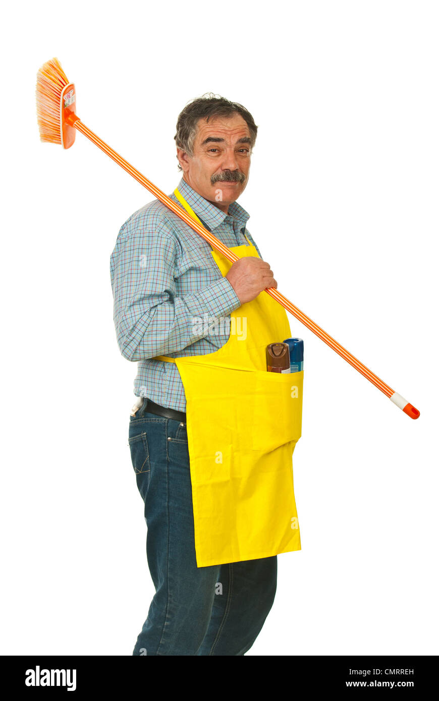 Senior cleaning man carrying broom isolated on white background Stock ...
