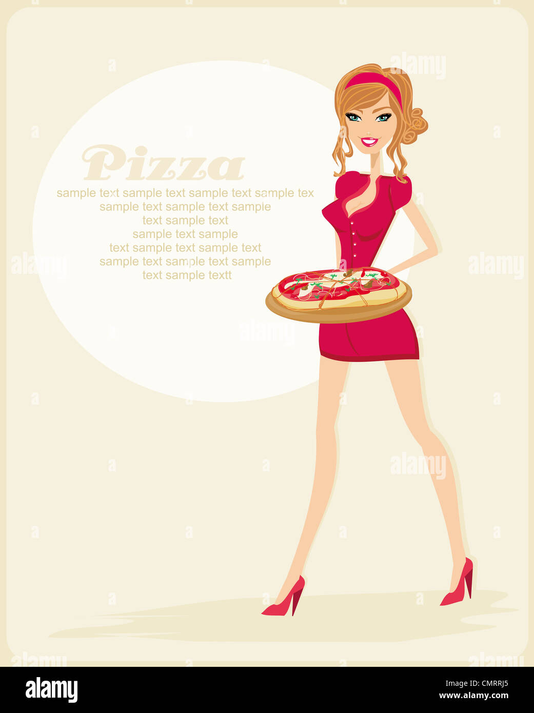 beautiful woman waitress enjoys pizza Stock Photo - Alamy